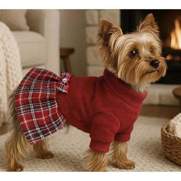 Small Pets | Red Plaid And Faux Fur Dog Dress With Bow Small | Poshmark